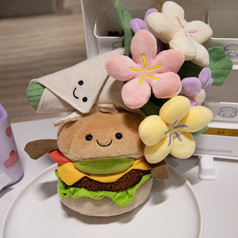 Cartoon Burger Plush Toy Holding Flower Wedding Bouquet Plush Toy ...