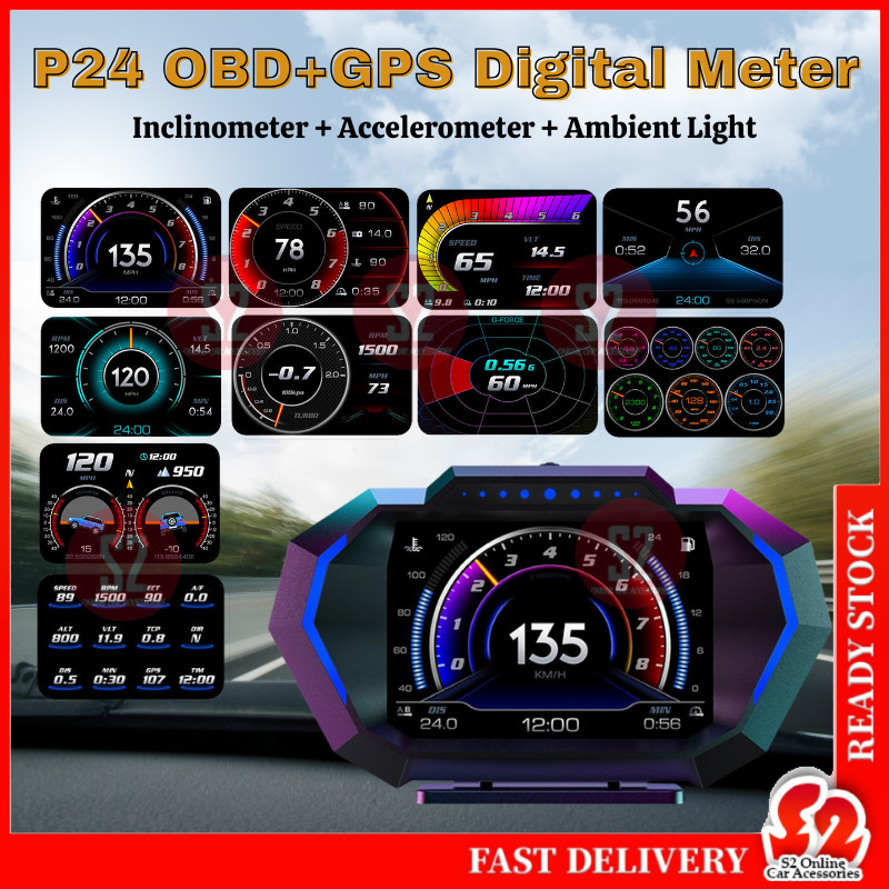 P24 HUD Gauge OBD + GPS Digital Meter OBD2 Speedometer Car Smart ...