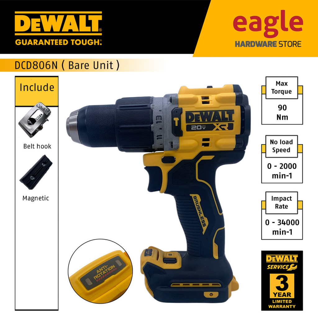 Dewalt DCD806N-B1 13mm ( 1/2" ) 18/20V Brushless Cordless Hammer Drill ...