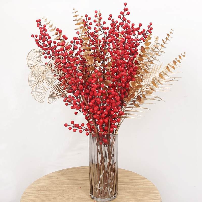 New Year Decor Artificial Red Berry Flowers Bouquet Fake Plant Gold ...