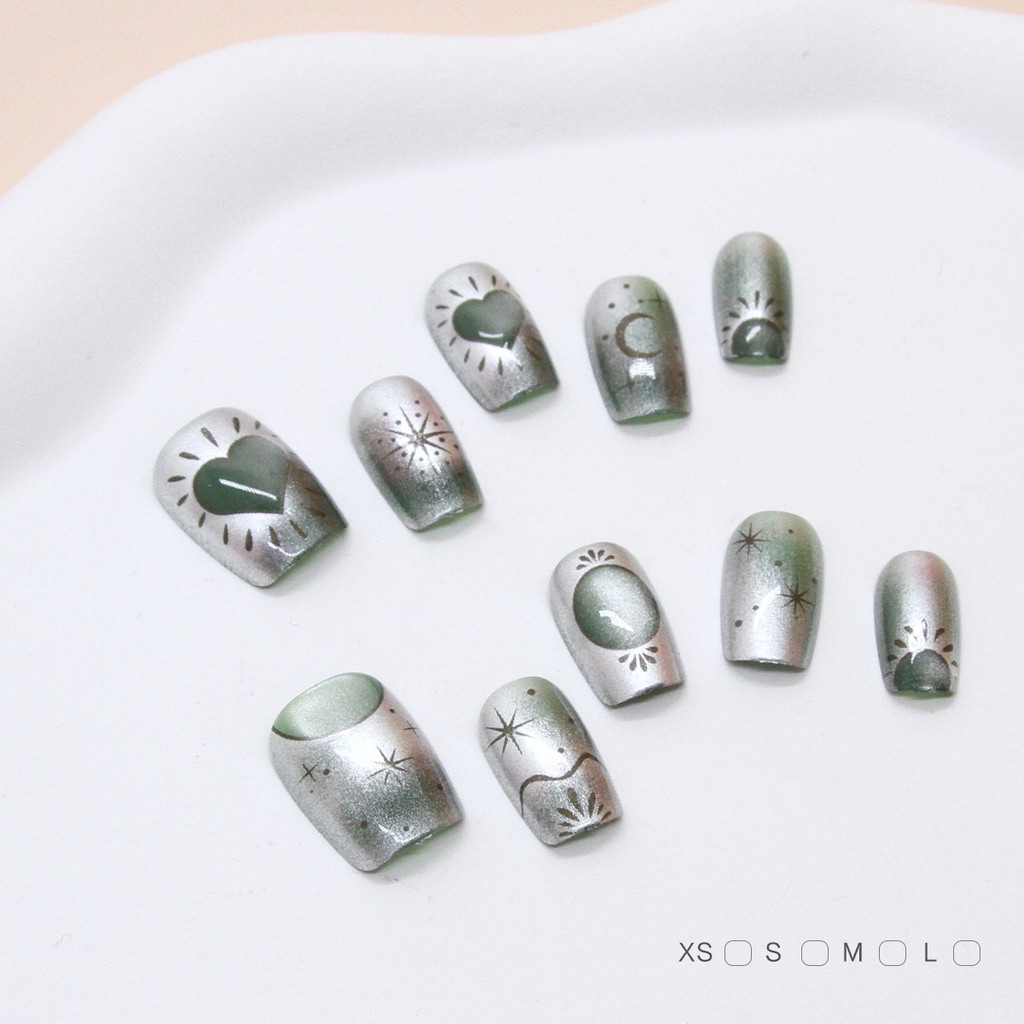 10PCS Cat Eyes Handmade Press on Nails Shiny Fake Nails with Jelly ...