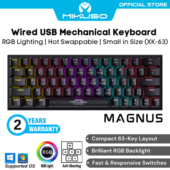 MIKUSO XK-63 Mini RGB Mechanical Keyboard 63 Keys Compact Size USB-C ...