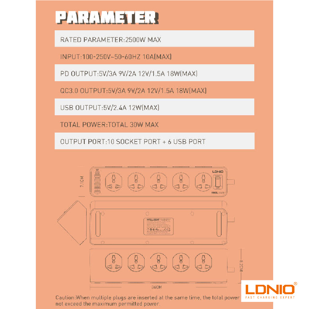 LDNIO SC10610 2500W 10 Sockets + Type-C PD + QC3.0 6 USB Ports Desktop ...