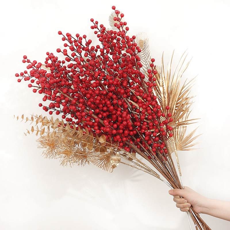New Year Decor Artificial Red Berry Flowers Bouquet Fake Plant Gold ...