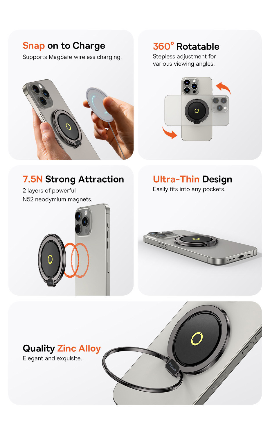 Baseus Magnetic Ring Phone Holder Stand for MagSafe Wireless Charging for iP16 15 14 360 ...