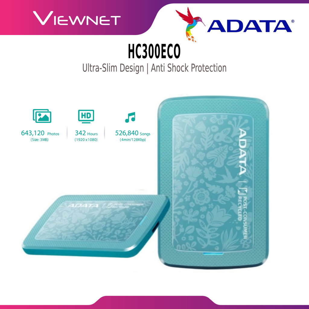 ADATA HC300ECO PORTABLE EXTERNAL DISK DRIVE USB 3.2 GEN 1 ULTRA SLIM ...
