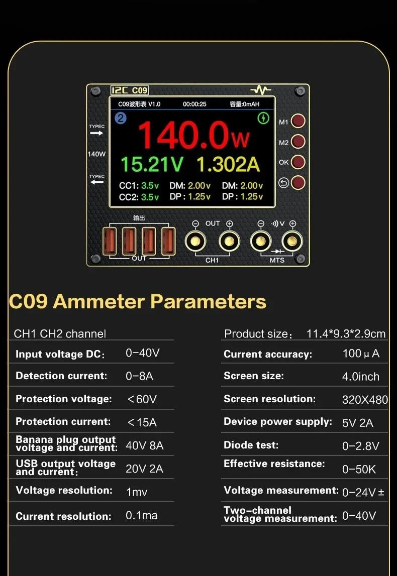 I2C C09 Waveform Ammeter 0-40V Input Dual Channel Voltage Current ...