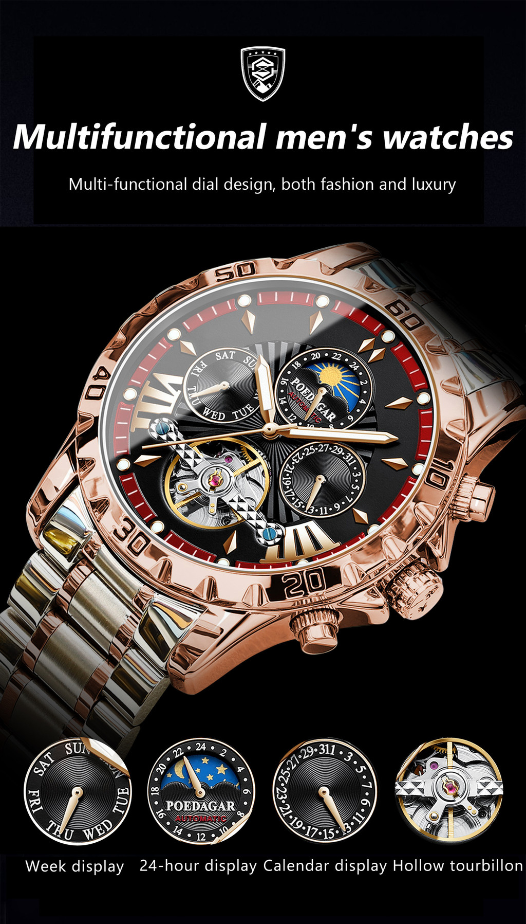 Poedagar Automatic Watch For Men Waterproof Original Luxury Gold ...