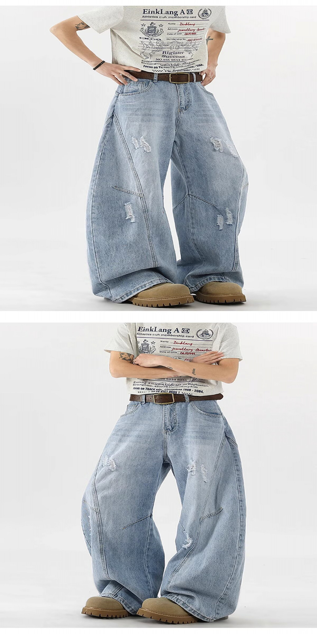American retro ripped curved jeans with a washed straight leg and wide ...