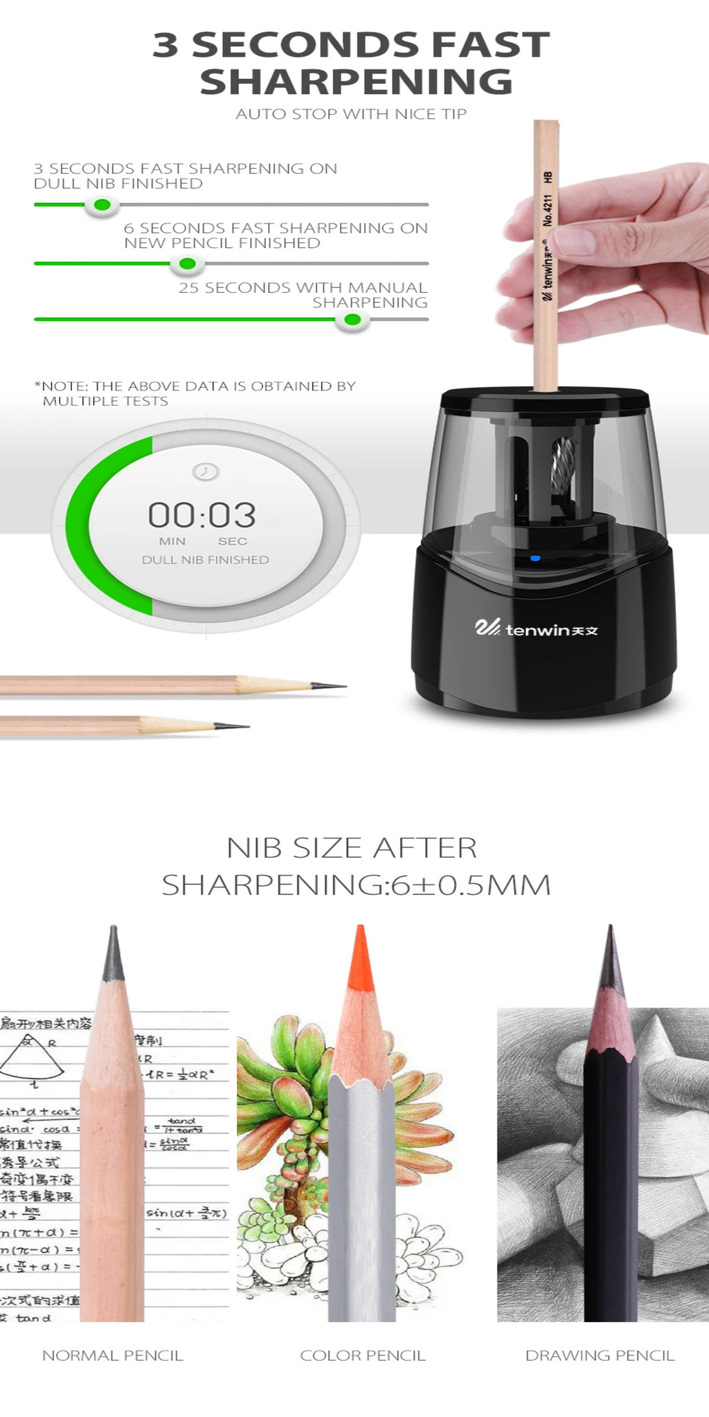 Tenwin Low noise semi-automatic pencil sharpener for 6-8mm pencil ...