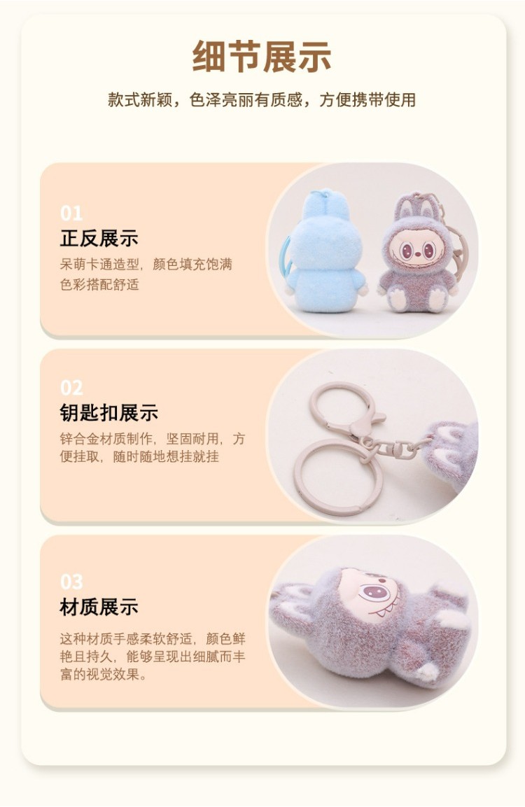 Cute Flocking Rabbit Labubu Keychain Cartoon Bunny Doll Plush Keyring ...