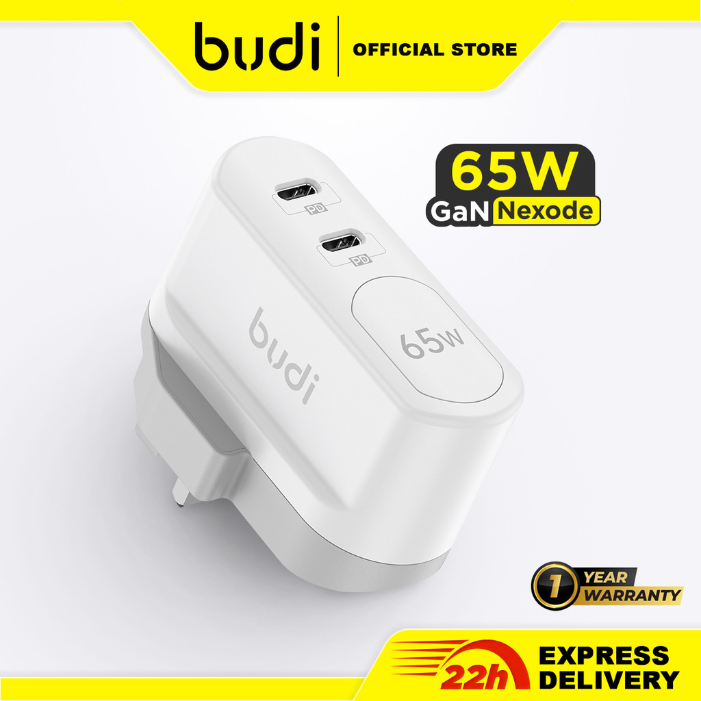 Budi 65W PD GaN Charger Adapter Quick Charge Dual Type C PD Fast UK Plug For iPhone 16 15 14 13 ...