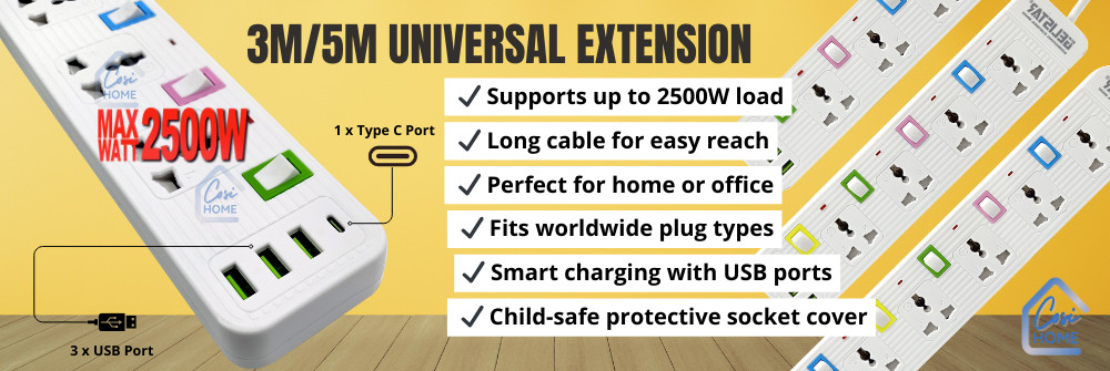3M/5M Universal Socket Extension Plug dengan USB & Type C | Extension ...