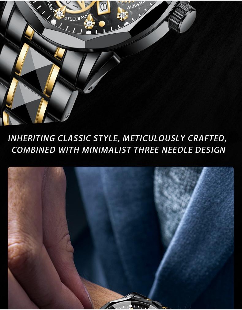 POSHI Original Men's Luxury Business Stainless Steel Gold Black New ...