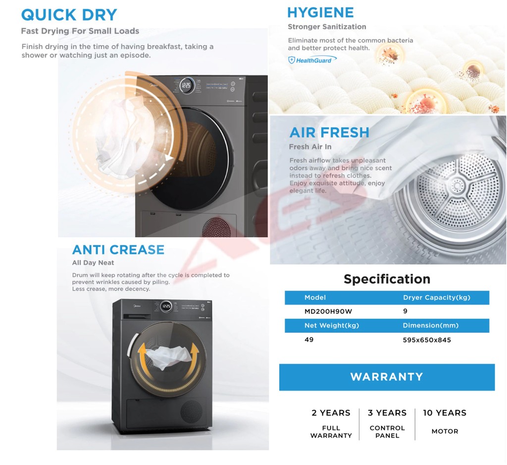CAN SETUP MIDEA MD200H90W 9.0KG HYGIENE QUICK DRY LUNAR DIAL ANTI ...