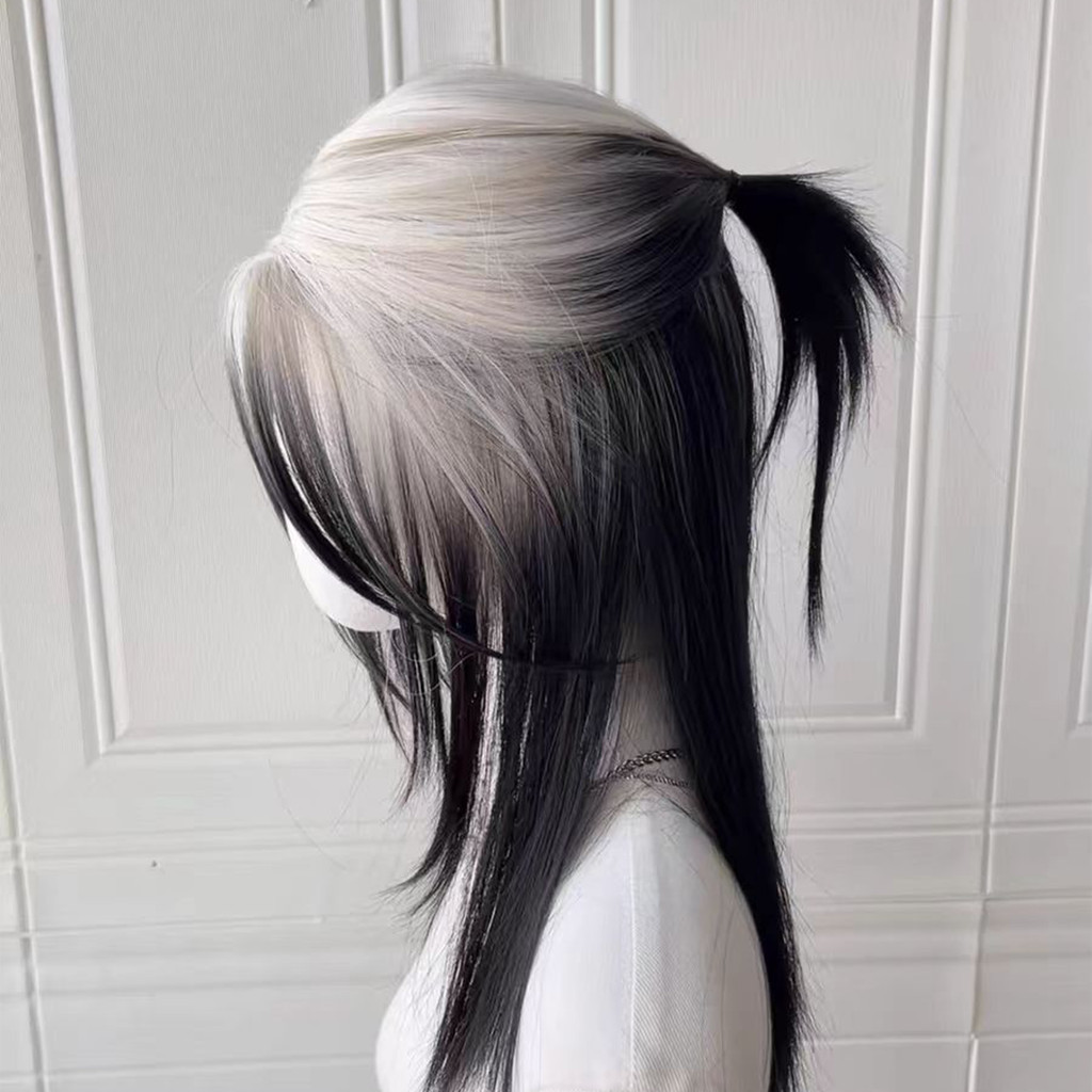 Wolf Tail Wig Men's Long Hair Black And White Gradient Samurai Head ...