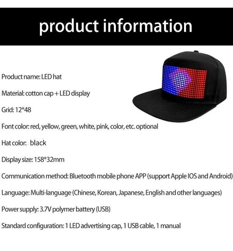 LED Glowing Hat LED Matrix Scrolling Text Display Message Pattern ...