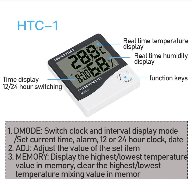 Humidity Meter HTC 1 Digital Hygrometer Temperature and Clock LCD ...
