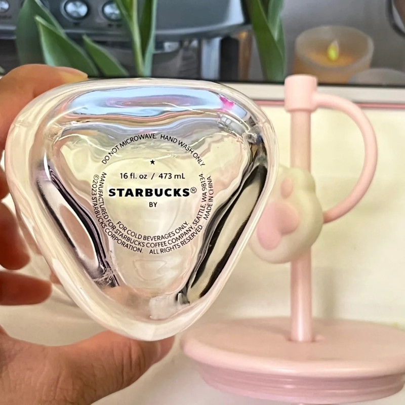 473ml Starbucks Cup Ins Style Pink Cat Catch Triangular Shape Glass Cup ...