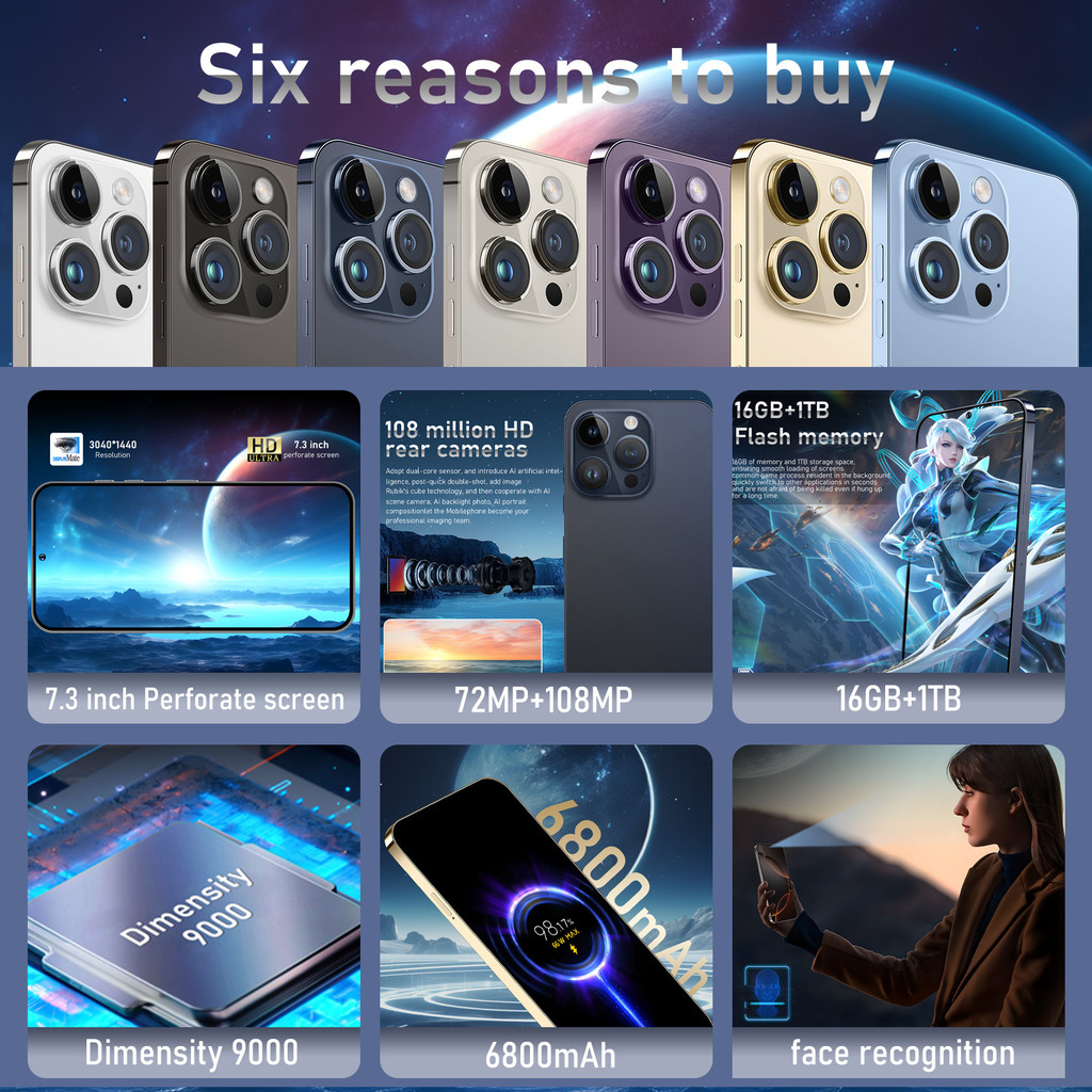 i16 Pro+ Smartphone 7.3 inch Full Screen 4G 5G Cell Phone 7800mAh ...