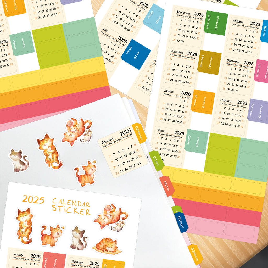 2025 Mini Calendar Stickers with Cute Cat Design,2 Sheets Monthly Index ...