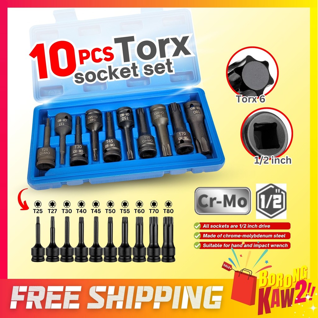 BKK 10pcs 1/2 Inch Torx Impact Socket Set T25-T80 CR-MO T Type Impact ...