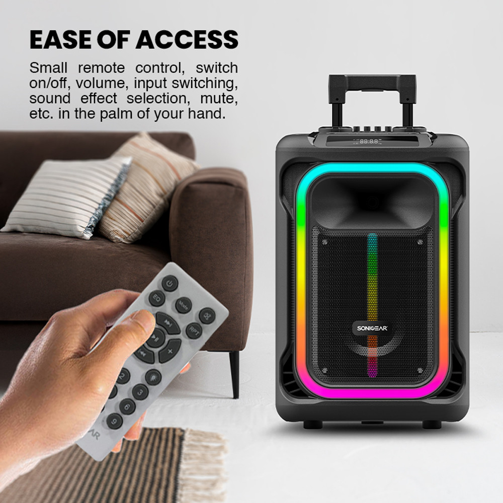 SonicGear HyperBox 1500 Pro Bluetooth USB Outdoor RGB Trolley Speaker with 2 Wireless Mic ...