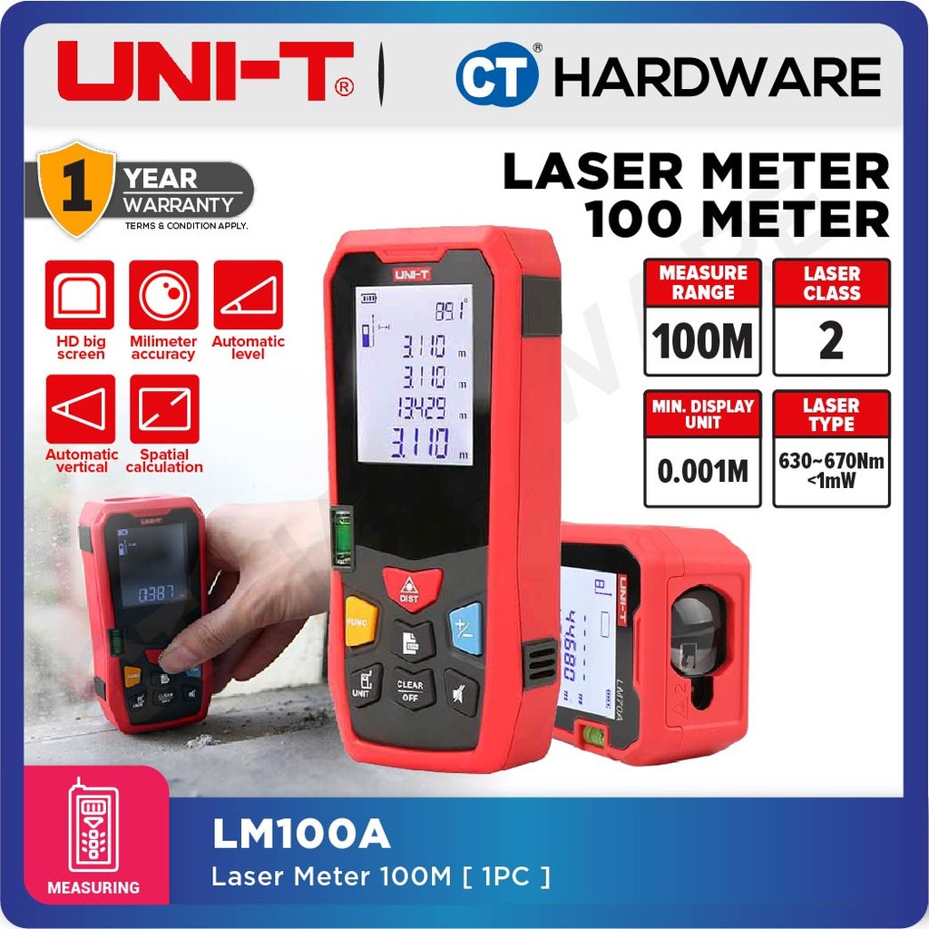 Uni-T LM100A Laser Distance Measure 100 Meter Laser Class 2 Display Type LCD Data Storage 99 ...