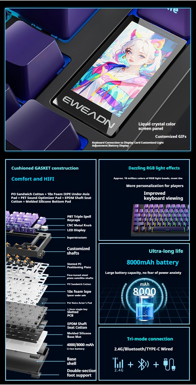 EWEADN X75 3mode Wired and Bluetooth 2.4G Shine Through Side Print Keycap Hot Swappable ...