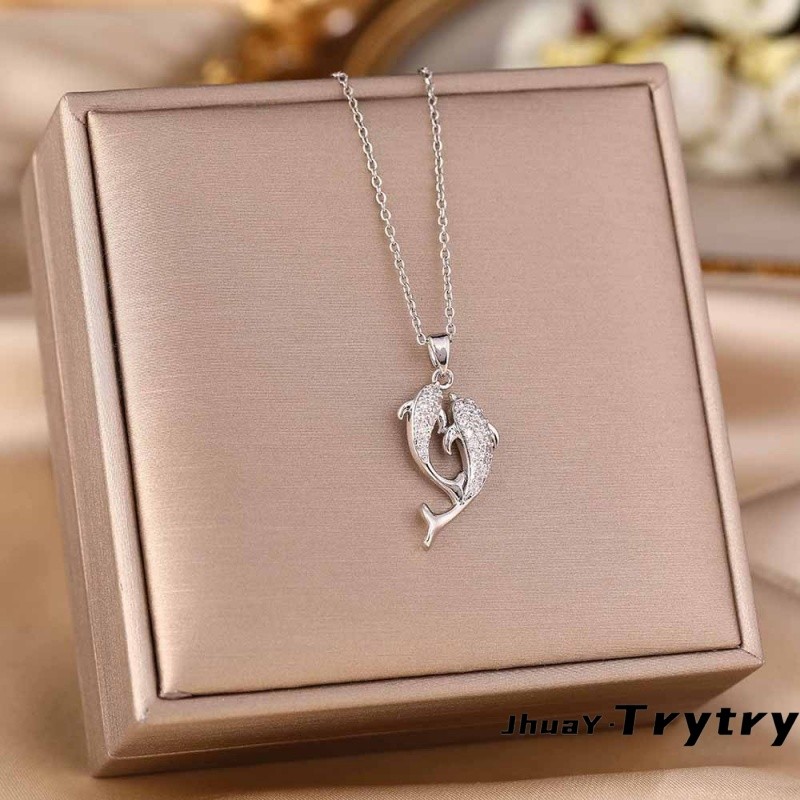 【TRY】Full Diamond Double Fish Pendant Titanium Steel Necklace Women's ...
