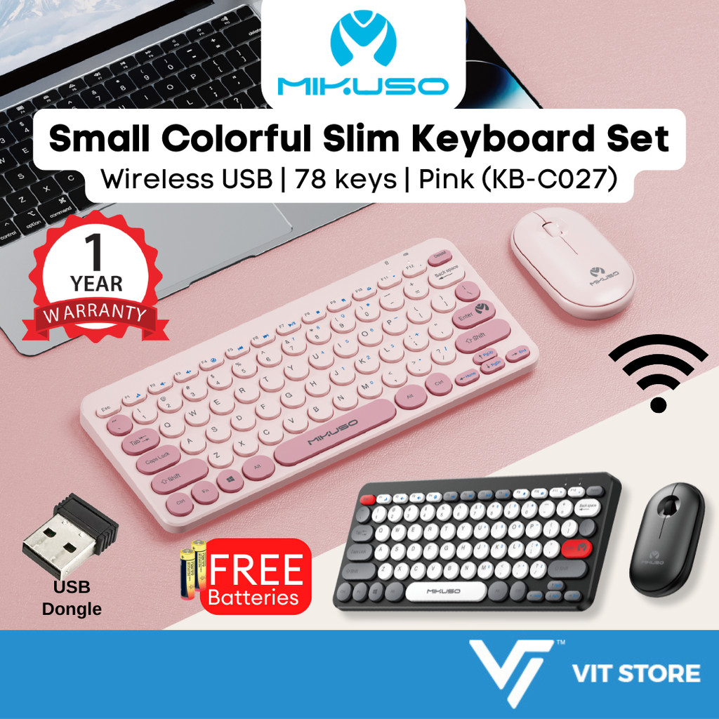 Mikuso Kb C027 Pink Black Grey Wireless Keyboard Set Combo 78 Keys