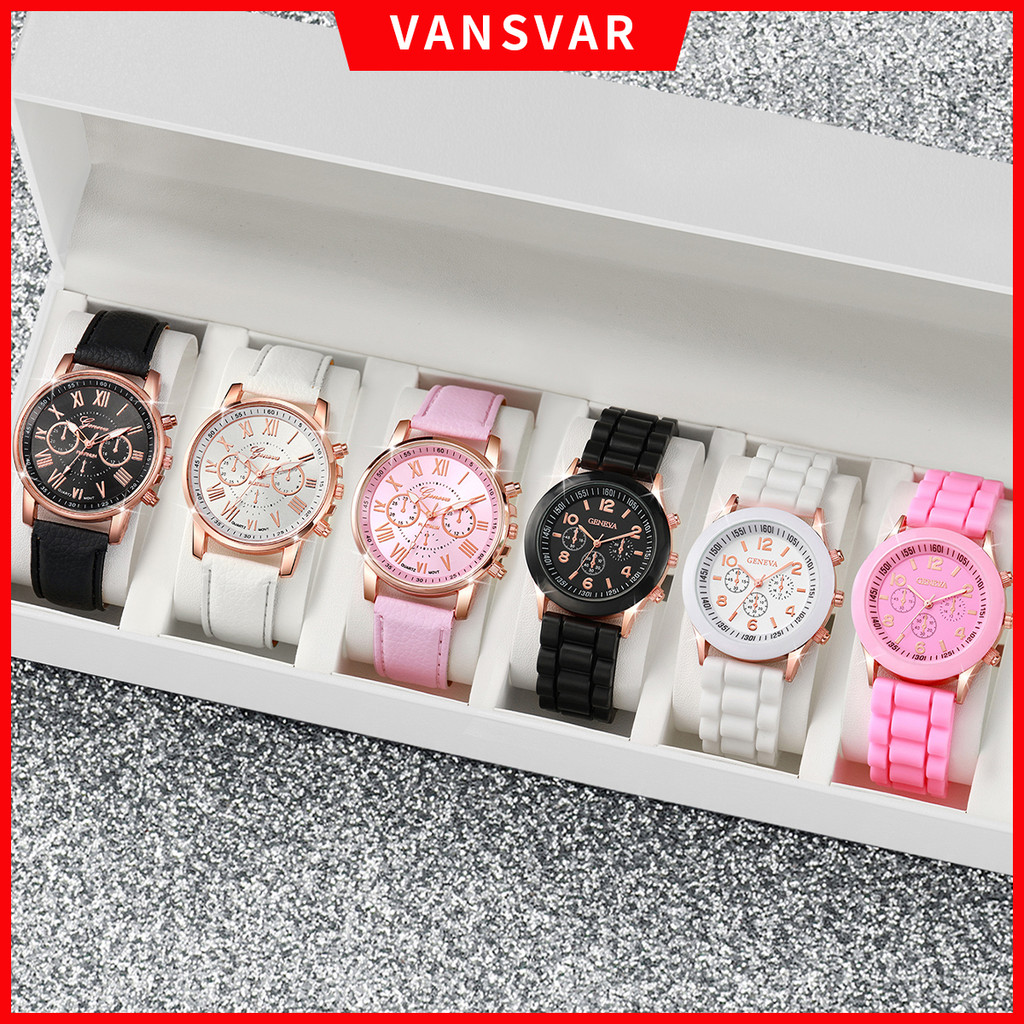 6PCs Fashion Trend Simple Women's Leather Watch Set Round New Design ...
