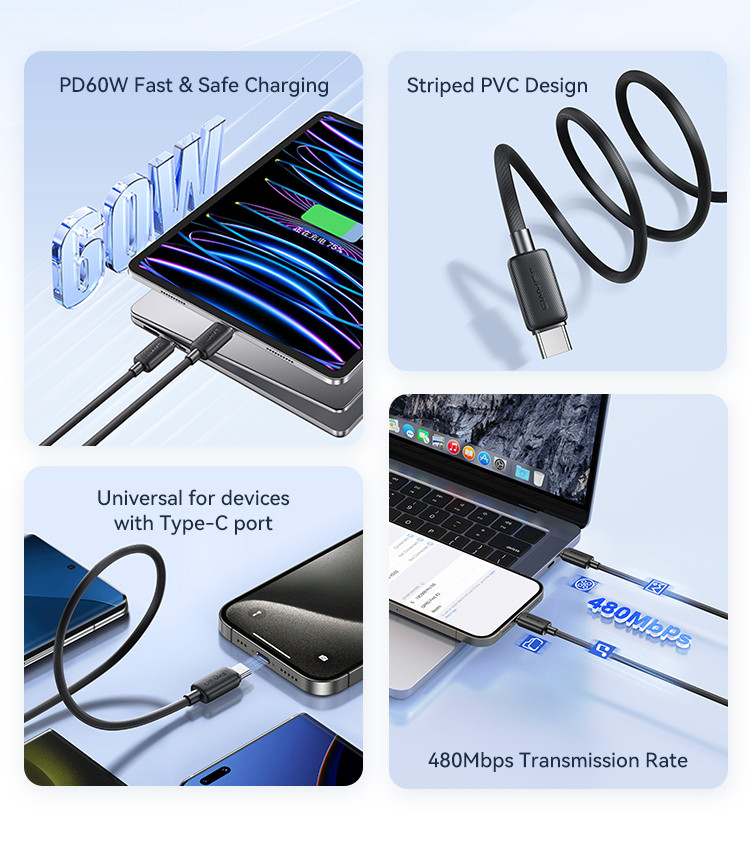 USAMS SJ691 USB-C To USB Type-C to Type-C C2C CtoC USB PD3.0 60W PD60W ...