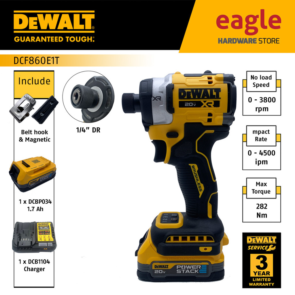 Dewalt DCF860E1T-B1 1/4" ( 6.35mm ) 18/20V Brushless Cordless Impact ...