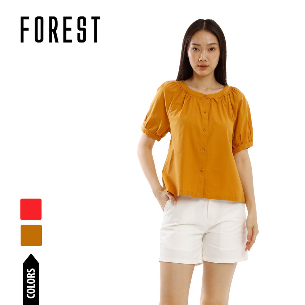 Forest Blaus Perempuan | Forest Modal Cotton Button Puff Sleeve Blouse ...