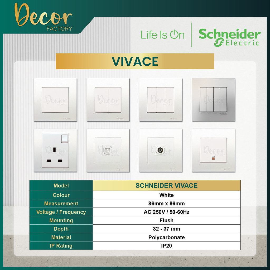SCHNEIDER VIVACE Switches & Sockets White With SIRIM 1/2/3/4 GANG ...