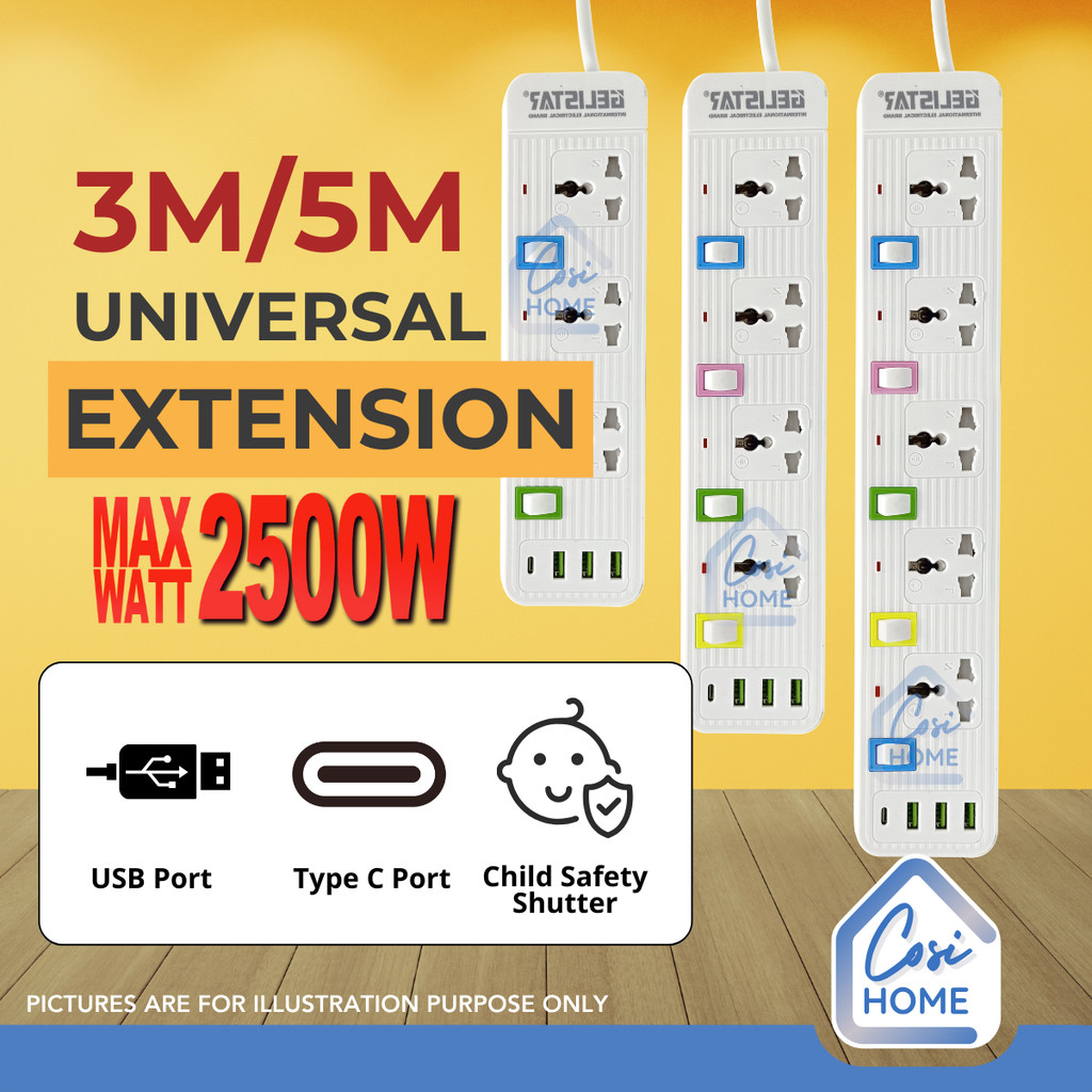3M/5M Universal Socket Extension Plug dengan USB & Type C | Extension ...