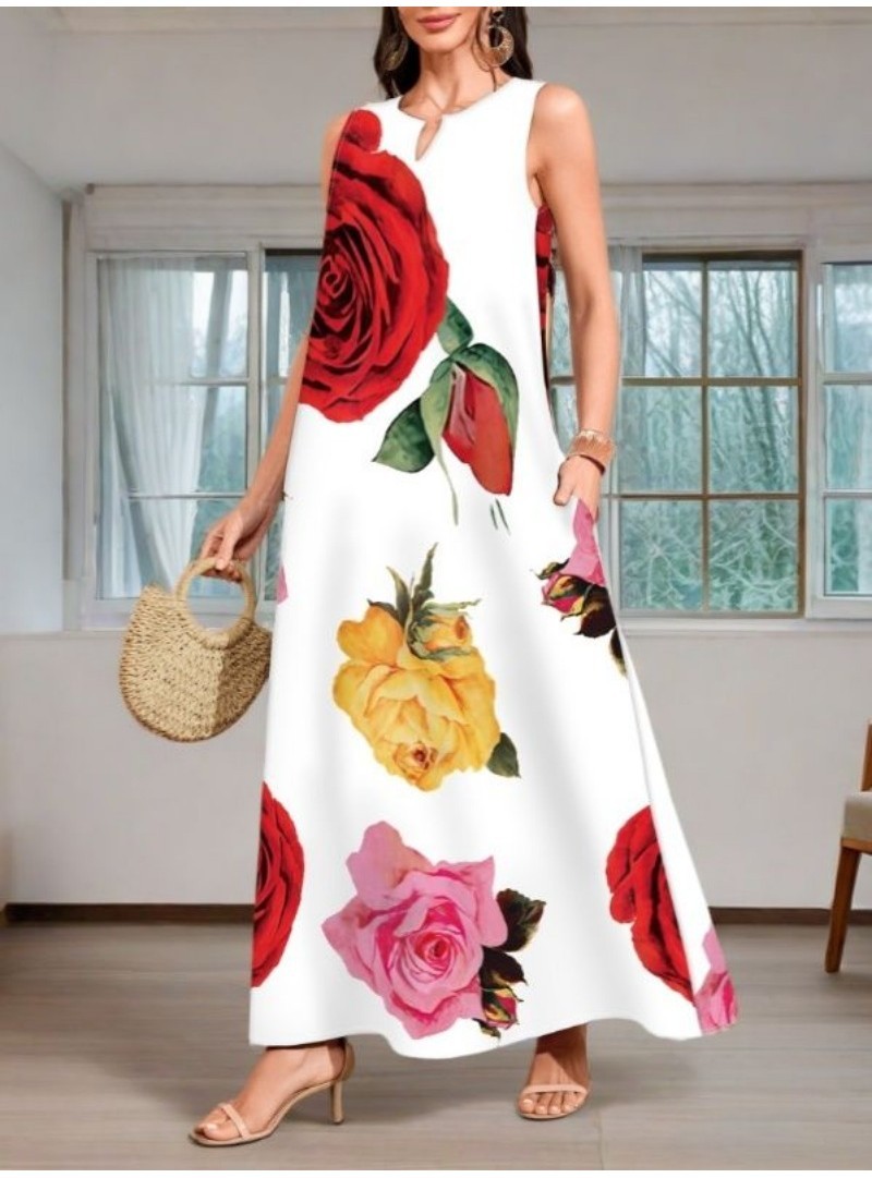 Vintage Elegant White Rose Printed Long Dress with Flower Pattern Beach ...
