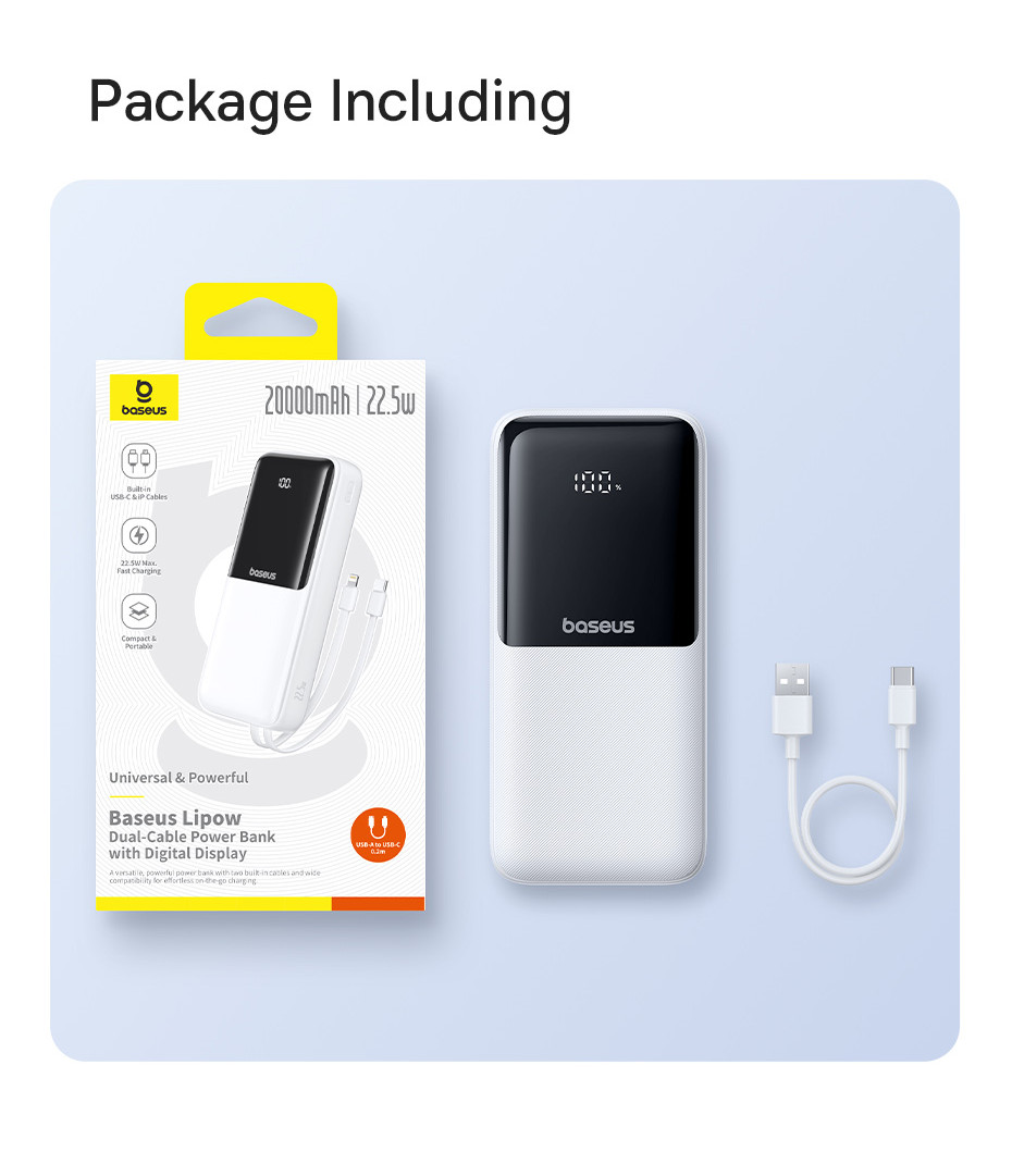 Baseus Lipow Dual-Cable Power Bank 20000mAh 22.5W with Digital Display ...