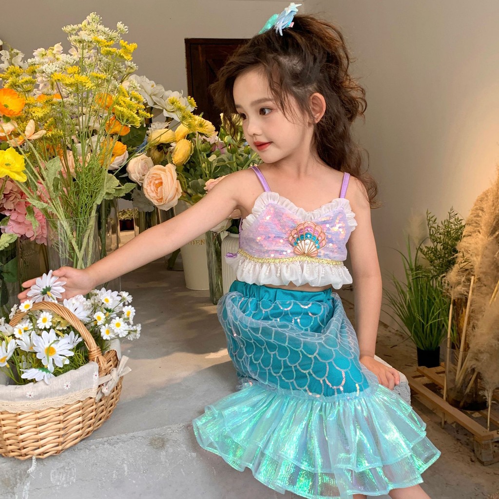 Mermaid Costume Kids Girl Sling Crop Top Skirt Set Disney Princess ...