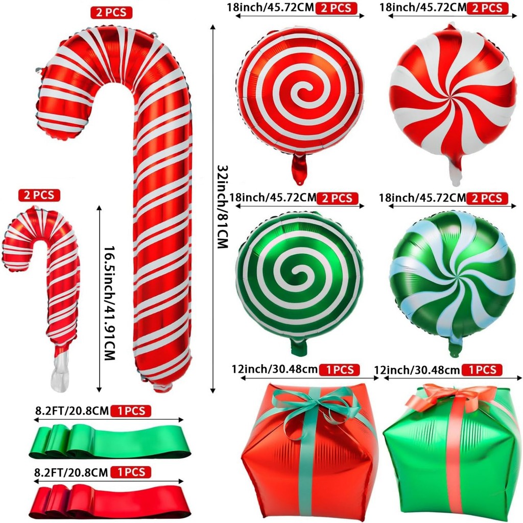 14Pcs Christmas Foil Balloons Large Candy Cane Balloons Red Green ...