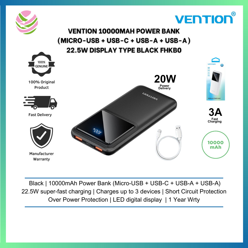Vention 10000mAh Power Bank (Micro-USB + USB-C + USB-A + USB-A) 22.5W Display Type Black FHKB0 ...