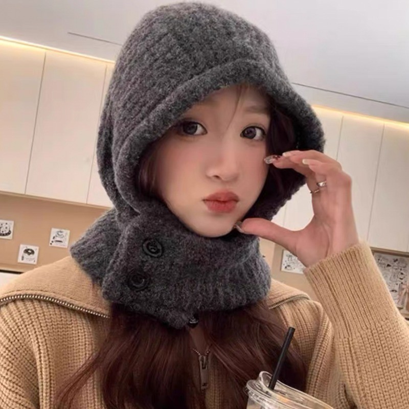 Knitted Wool Balaclava Hat - Button Scarf Hoodie Beanies - For Winter ...