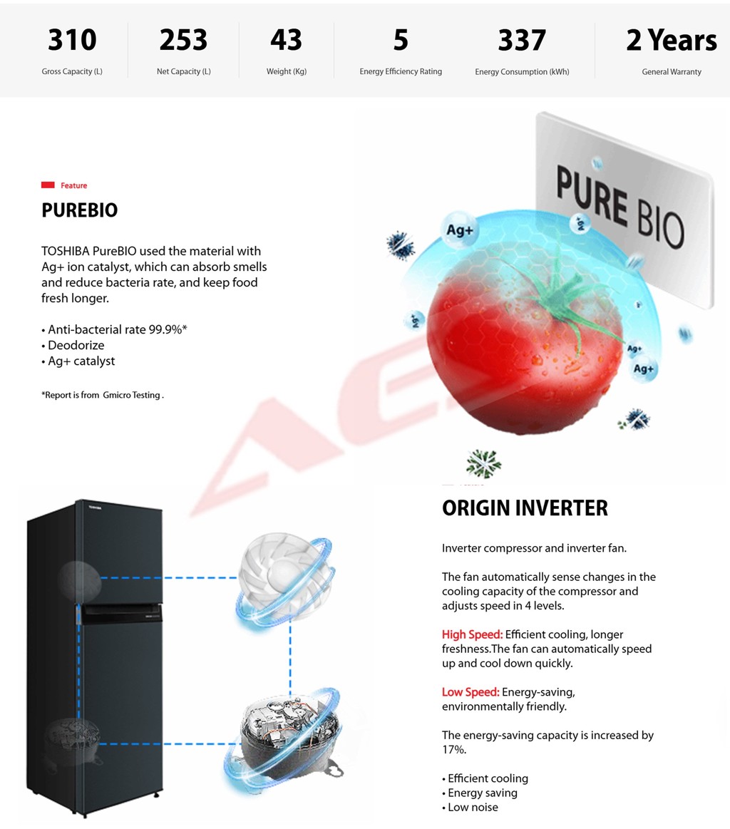 CAN SETUP TOSHIBA GR-RT320WE-PMY(UK) 310L PUREBIO MULTI-AIR FLOW ORIGIN INVERTER TOP FREEZER ...