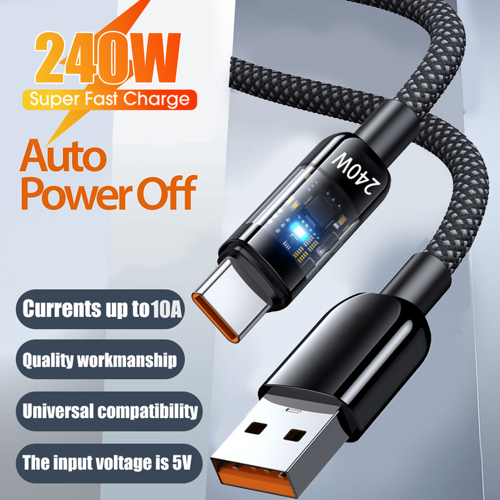 Nylon Braided 10A 240W USB A To Type C Fast Charging Data Cable ...