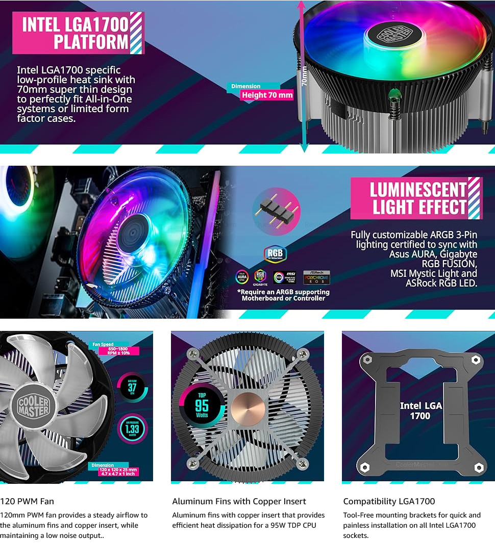 Cooler Master i70C ARGB LGA1700 Intel CPU Cooler Low Profile Efficient ...