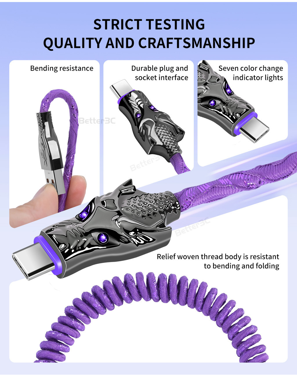 100W Relief woven thread body Anti bending usb to type c cable Spring ...