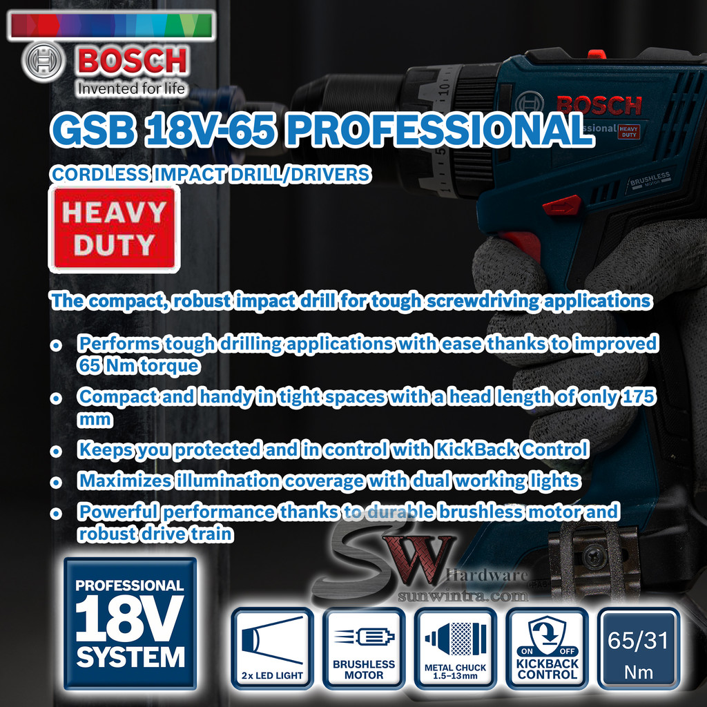 Bosch GSB18V-65 Brushless Cordless Impact Drill COMBO **SOLO or BATTERY & CHARGER SET GSB 18V-65 ...