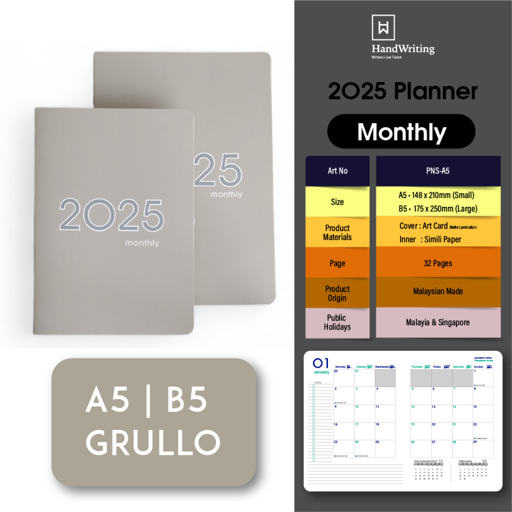 Monthly View Planner 2025 A5/B5 Staple Stitching Handwriting Divesnet ...