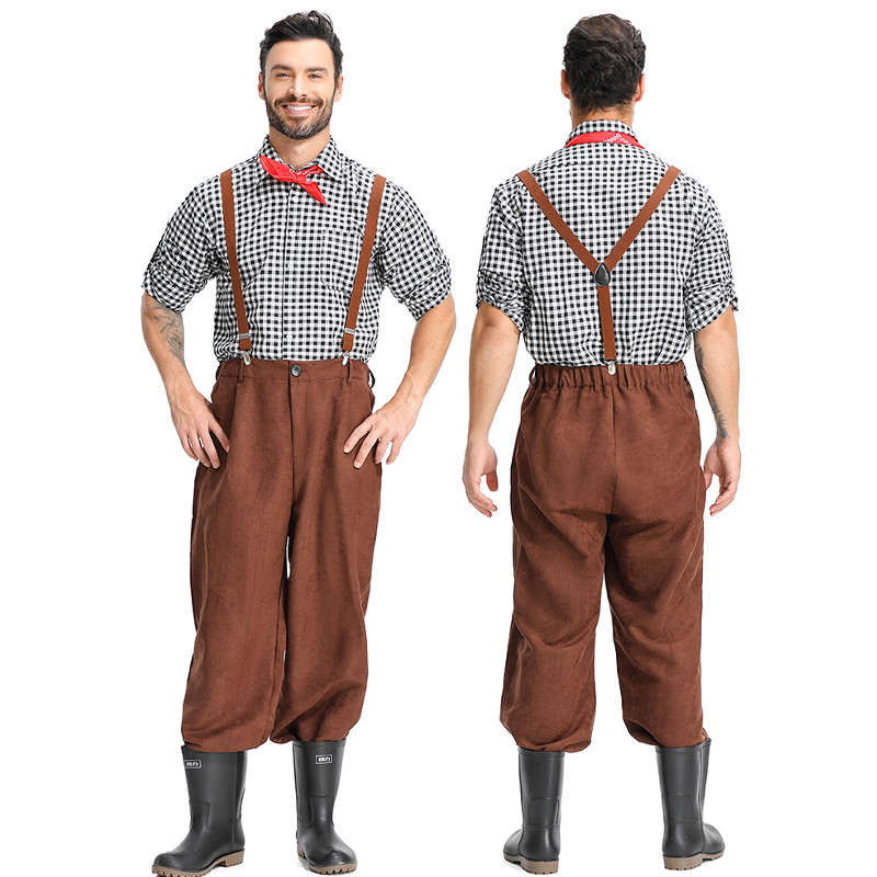 Medieval Colonial Camisole Brown Overall Pants Checkered Shirt Set For ...